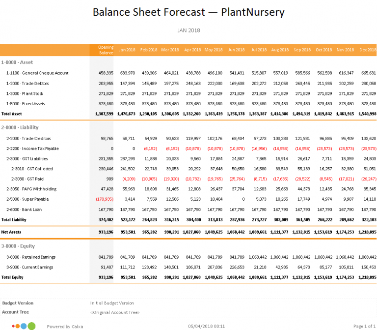 Balance Sheet Forecast Calxa Report